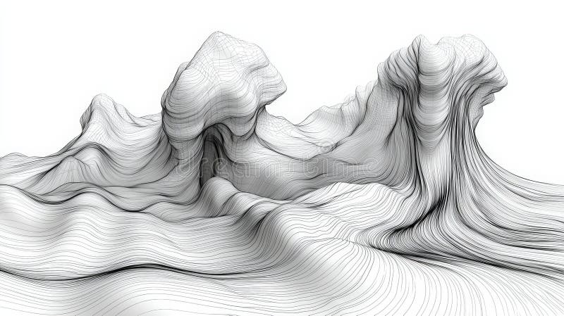 Abstract Line Art of Mountainous Terrain in Black and White with Flowing Patterns Stock ...