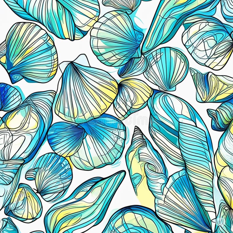 Abstract Line Art Seashell Pattern with Teal and Yellow Fill - Modern ...