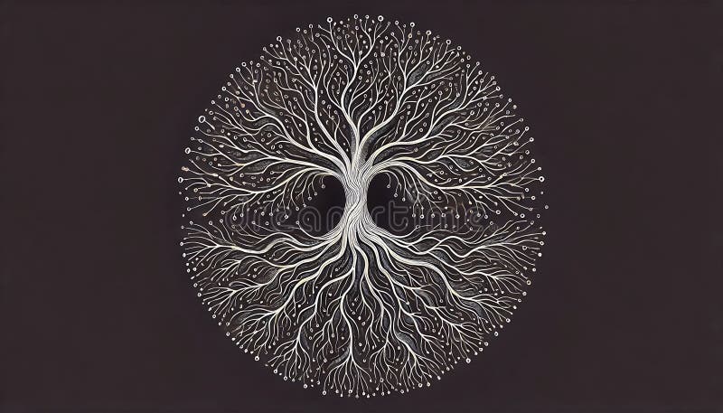 Abstract Line-art of a Tree with Roots Spreading Widely and Branches ...