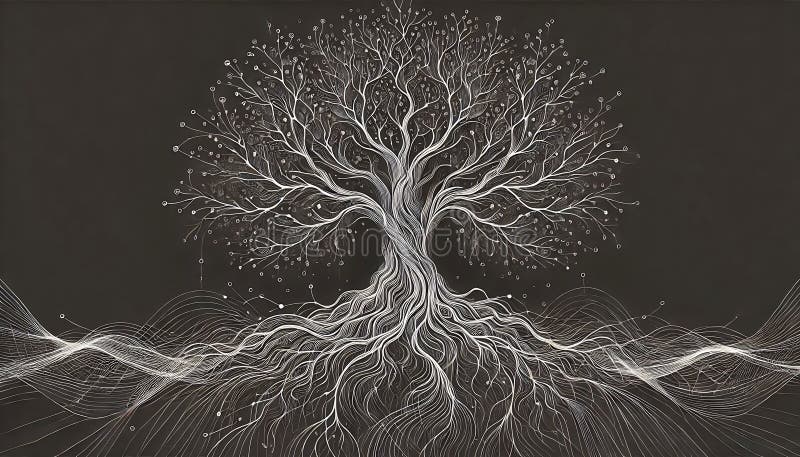 Abstract Line-art of a Tree with Roots Spreading Widely and Branches ...
