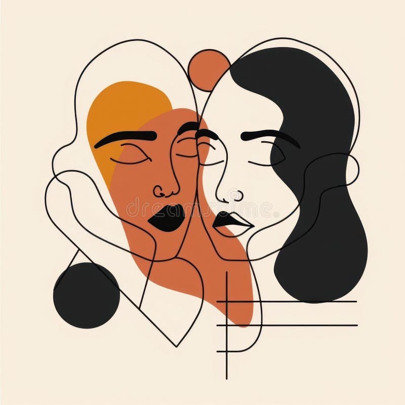 Abstract Line Art of Two Faces Intertwined with Minimalistic Shapes and ...