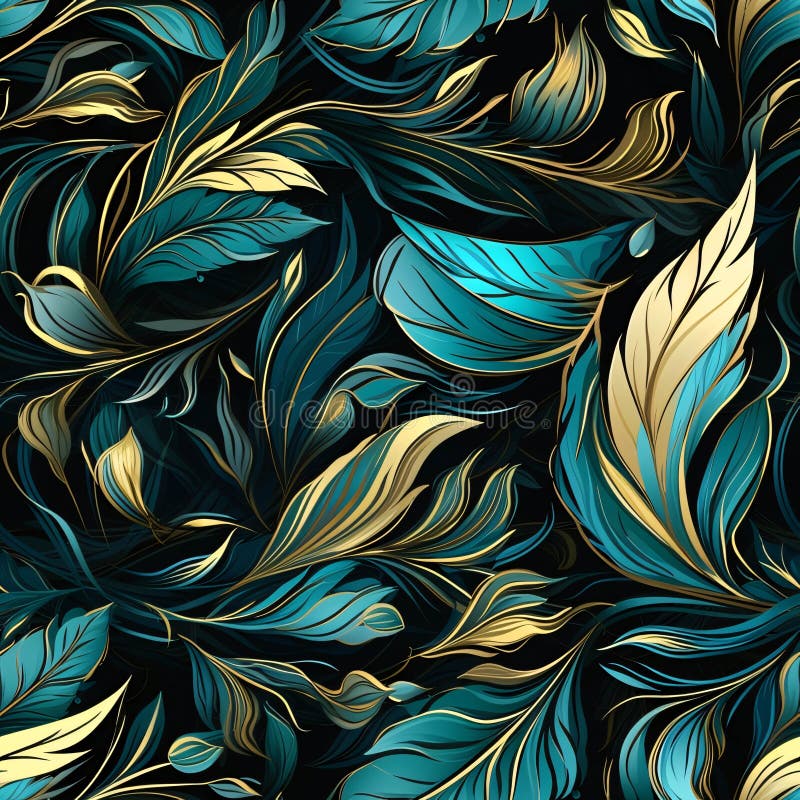 Abstract Line Pattern with Blue Leaves on Black Background, in the ...