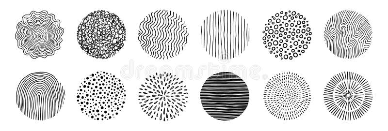 Abstract Line Pattern Circle Set. Hand Drawn Texture, Doodle Decorative ...