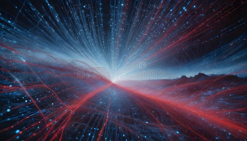 Abstract Lines of Light in Blue and Red Stream Across a Dark Landscape ...