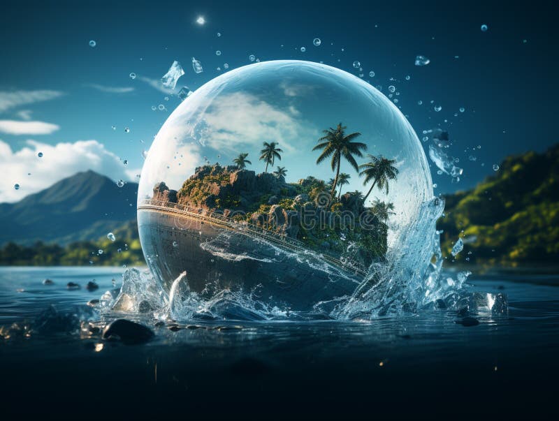 Abstract Liquid Bubble with Palm Trees Inside and Their Reflections ...