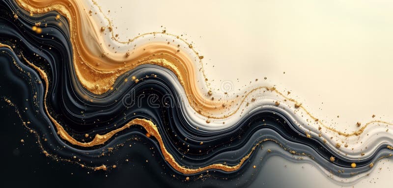 Abstract Liquid Design with Gold, Black Paint Swirls on Ivory ...