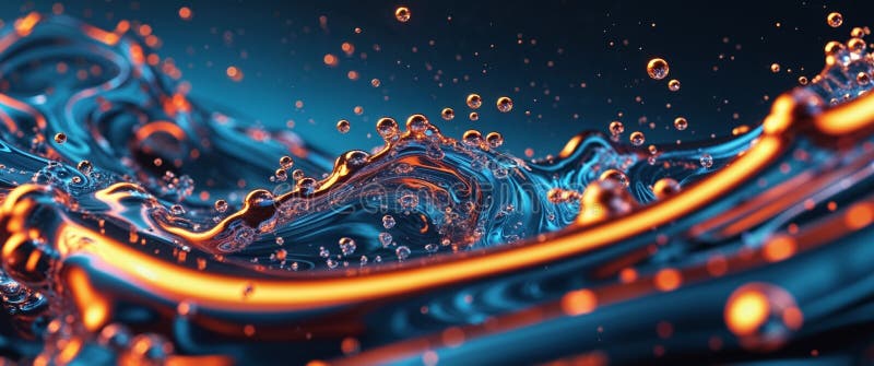 Abstract Liquid Flow with Metallic Bubbles and Orange Highlights Stock ...