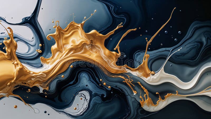 Abstract Liquid Gold Splashing and Mixing with Navy Blue and White ...