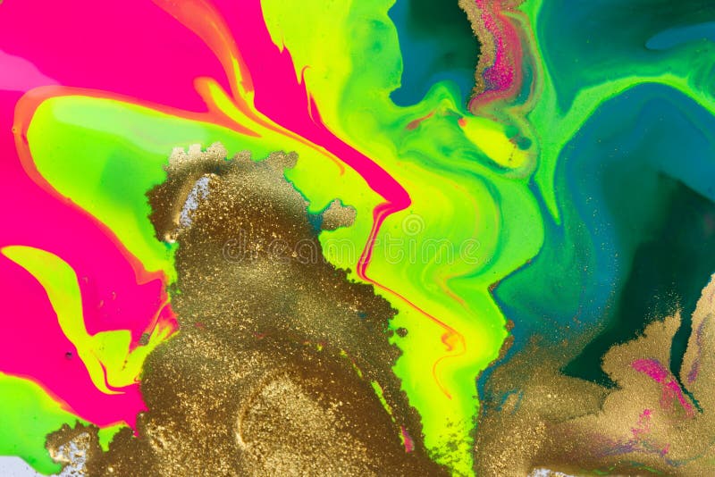 Abstract Liquid Ink Gradient Pattern with Gold Dust. Fluorescent Liquid Bright Texture. Stock ...