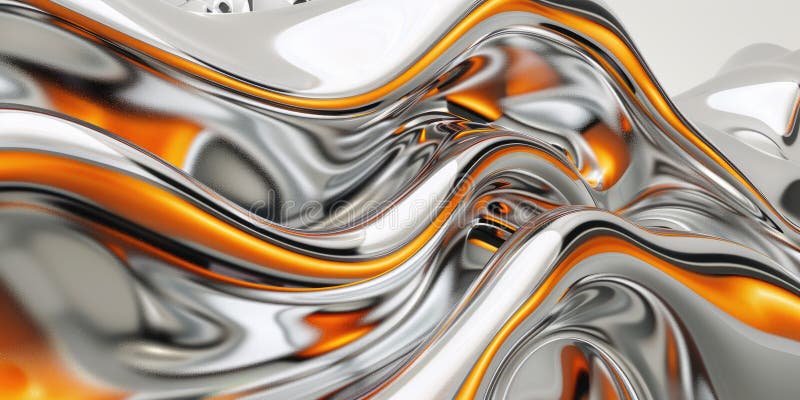 Abstract Liquid Metal and Orange Fluid Shapes with Reflective Surfaces ...