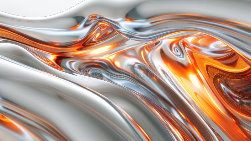 Abstract Liquid Metal and Orange Fluid Shapes with Reflective Surfaces ...
