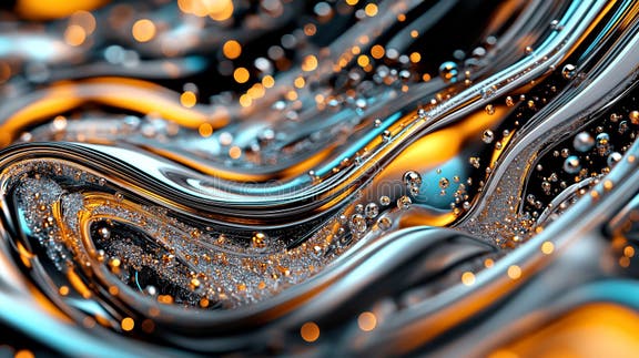 Abstract Liquid Metal Waves with Glowing Orange and Silver Spheres in ...