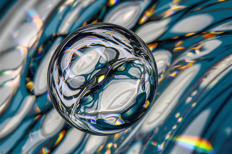 Abstract Liquid Sphere, Teal Background, Iridescent Reflections, Fluid ...