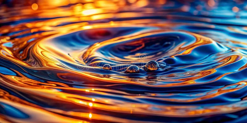 Abstract Liquid Surface with Golden Light Reflections and Dark Spheres ...