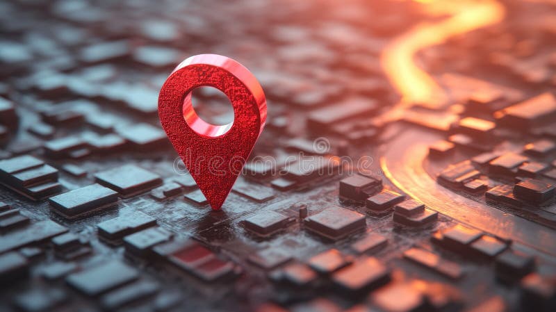 Abstract Location Red Pointer on an Electronic Cityscape with Glowing ...