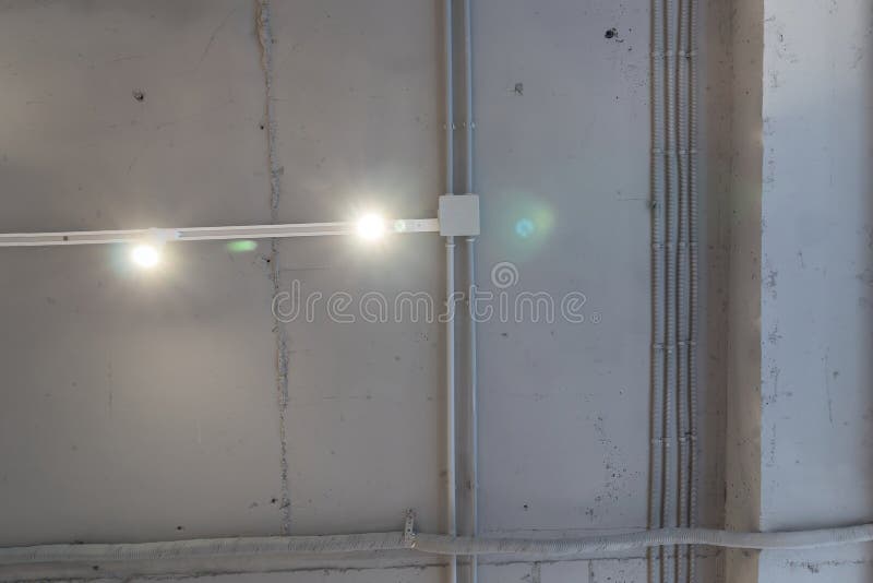 Abstract Loft Interior of Concrete Grey Ceiling with Lamps ...