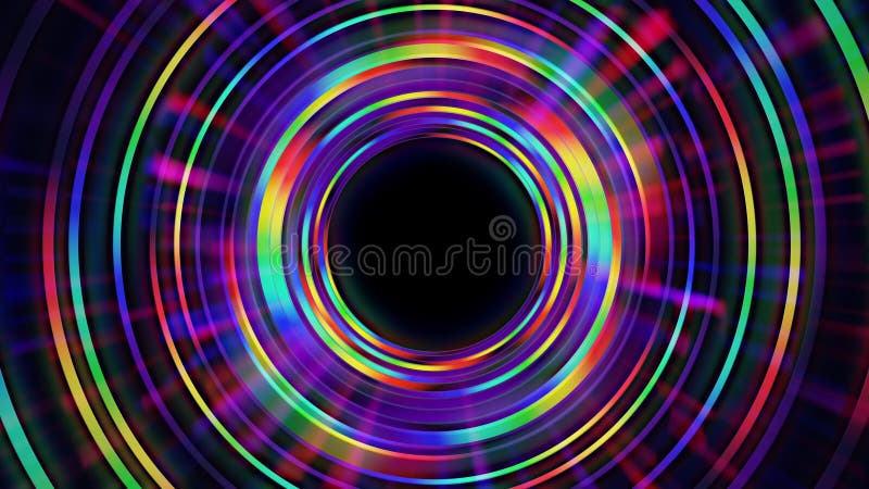 Abstract Loop of Rainbow Colorful Rings. Glowing Rays from Center. 3D ...