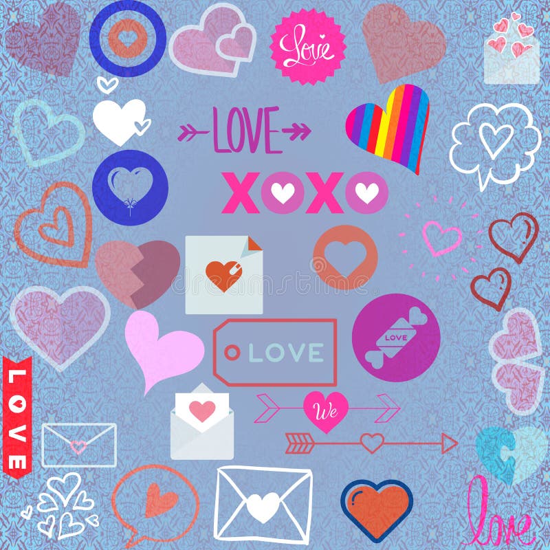 Abstract Love Icons Signs Design on a Blue Background Stock ...