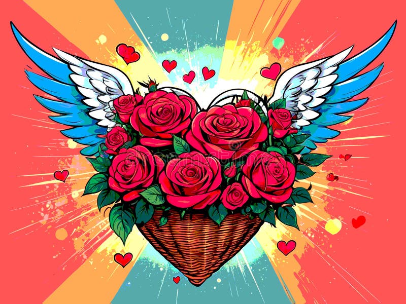 Abstract Love Roses Basket with Wings Pop Art Comic Illustration Stock ...