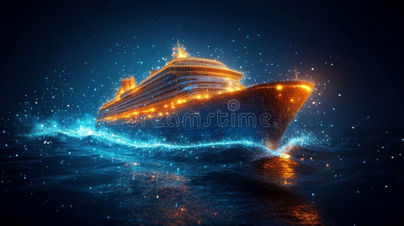 Abstract Low Poly Cruise Ship Wireframe Concept on Dynamic Ocean Waves ...