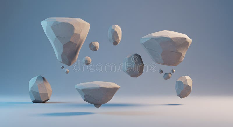 Abstract Low-Poly Floating Rock Formation: a 3D Render of Geometric ...
