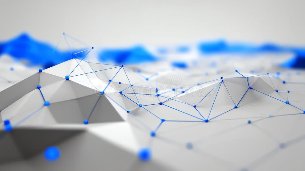 Abstract Low Poly Network: White and Blue Connected Nodes. Futuristic ...