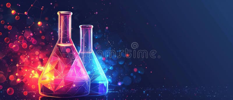 Abstract Low Poly Science Concept Banner with Colorful Beakers on Dark ...