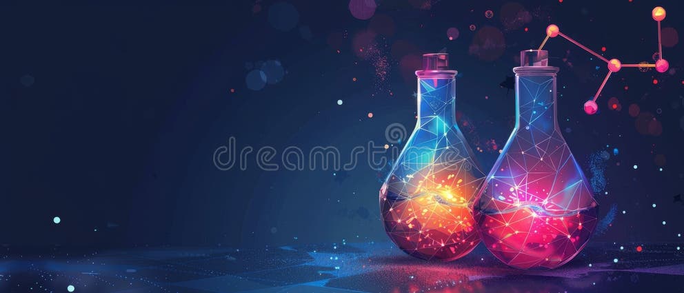 Abstract Low Poly Science Concept with Colorful Flasks and Molecule ...