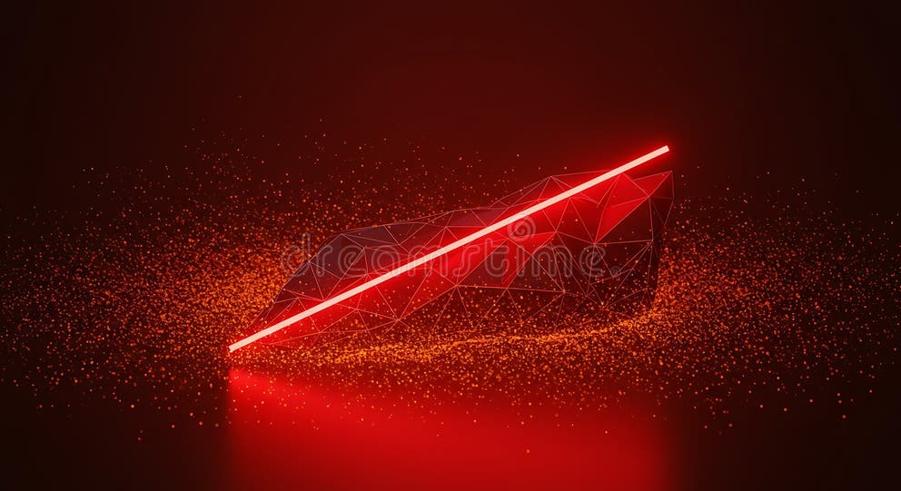 Abstract Low Poly Structure with Red Neon Line and Glowing Particles ...