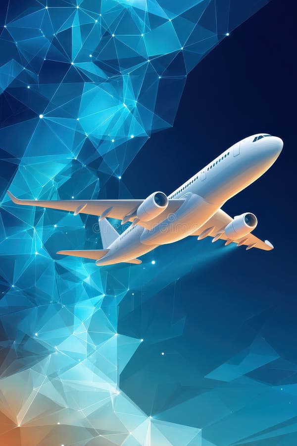 Airplane Flying through Geometric Abstract Art with Futuristic Blue ...
