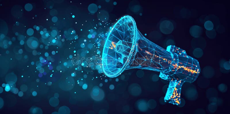 Abstract Low Poly Wireframe Megaphone on Dark Blue Background with ...