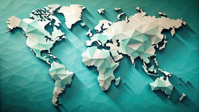 Abstract Low-poly World Map with Shadow Effects on Teal Background ...