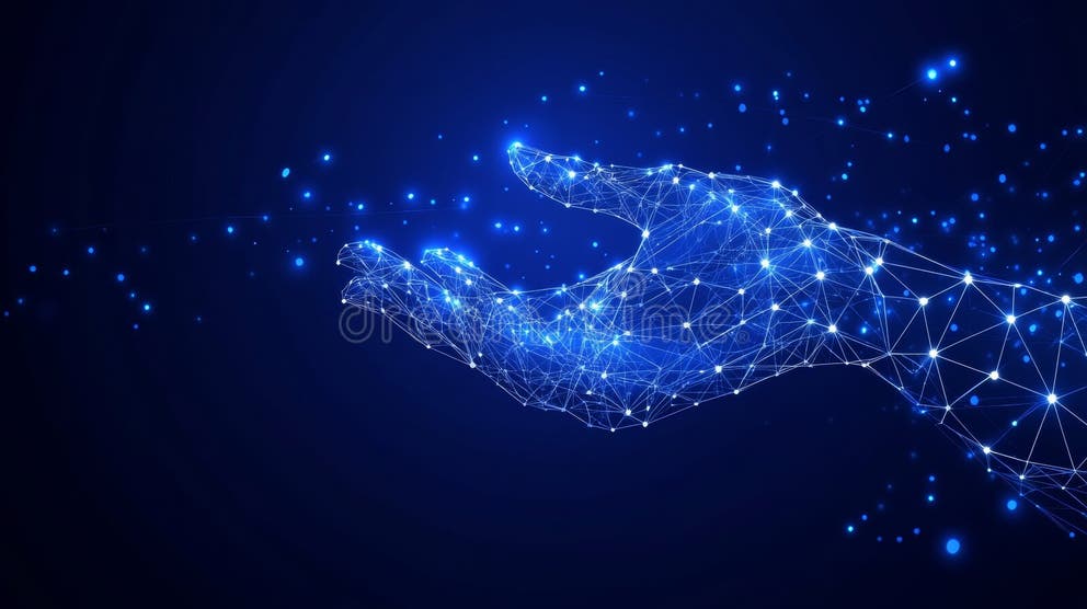 Abstract Low Polyglowing Hand. Wireframe Connection on Blue Background ...