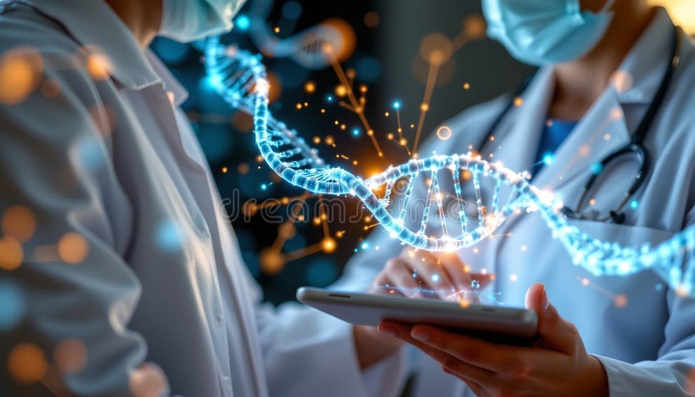 Abstract Luminous Dna Molecule. Doctor Using Tablet and Check with ...