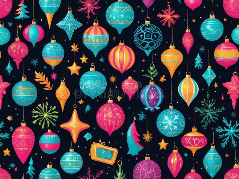 Abstract Luxury Christmas Ornaments in Retro Neon Style Pattern Design ...