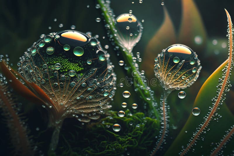 Abstract Macro Fantasy Of Dew Or Raindrops On Forest Plants In Golden