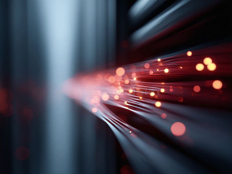 Abstract, Macro Shot of Glowing Fiber Optic Cables. Evokes Data, Communication, Speed, and ...