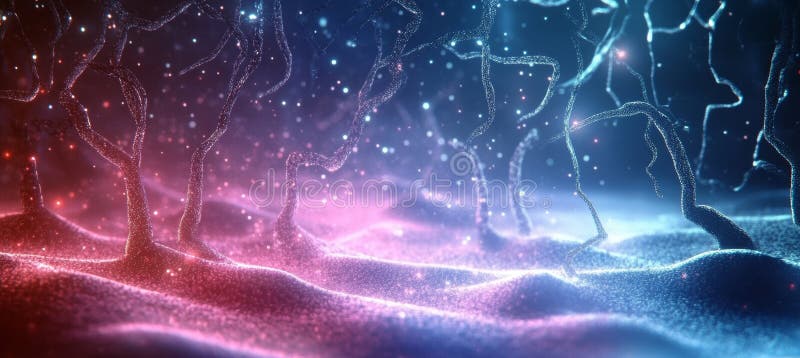 Abstract Magic Forest Background, Sparkly Glowing Sunset, Trees on Pink ...