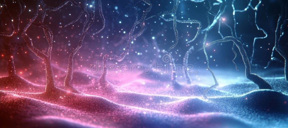 Abstract Magic Forest Background, Sparkly Glowing Sunset, Trees on Pink ...