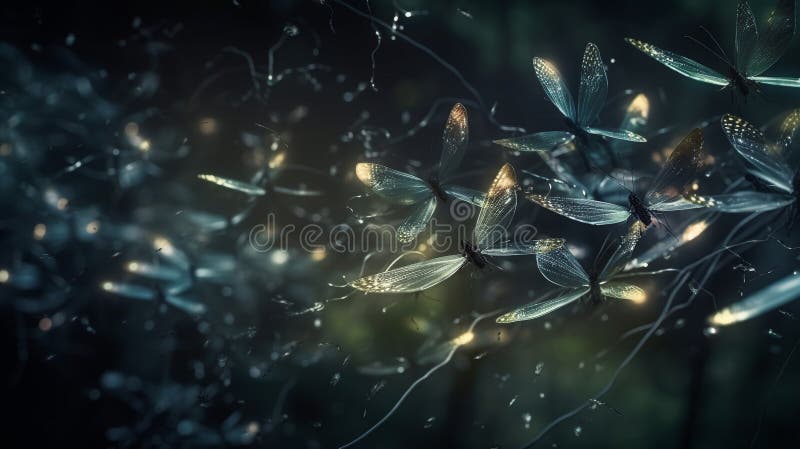 Abstract and Magical Image of Dragonfly and Firefly Flying in the Night ...