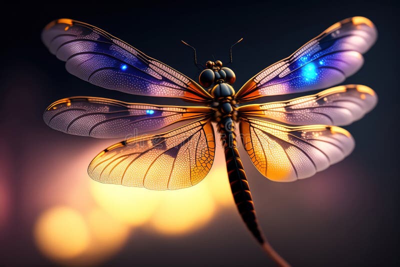 Generative AI: Magical Image of Dragonfly Flying in the Night Stock ...