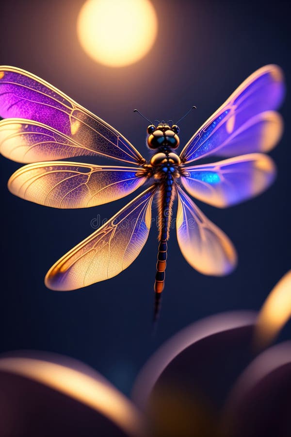 Generative AI: Magical Image of Dragonfly Flying in the Night Stock ...