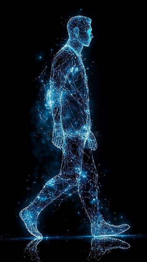 Abstract Man Walking, Futuristic Blue Light on Black Stock Image ...