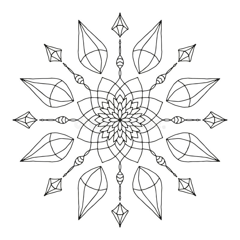 Black and White Intricate Mandala Pattern with Gems and Leaves Stock ...