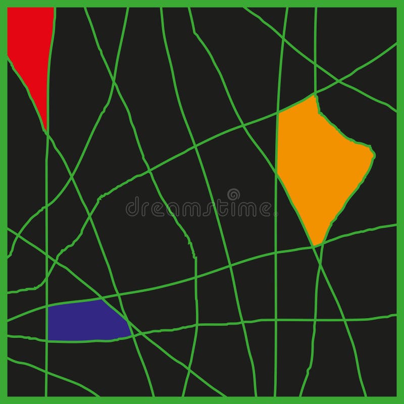 Abstract Map Design. Green Lines on Black. Colorful Sections. Vector ...