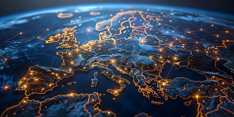 Abstract Map of Western Europe Showing Global Telecommunication Data ...