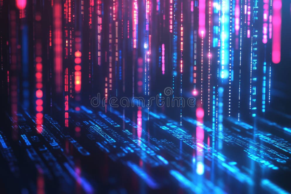 Abstract Matrix-like Data Flow with Endless Rows of Luminous Digits ...