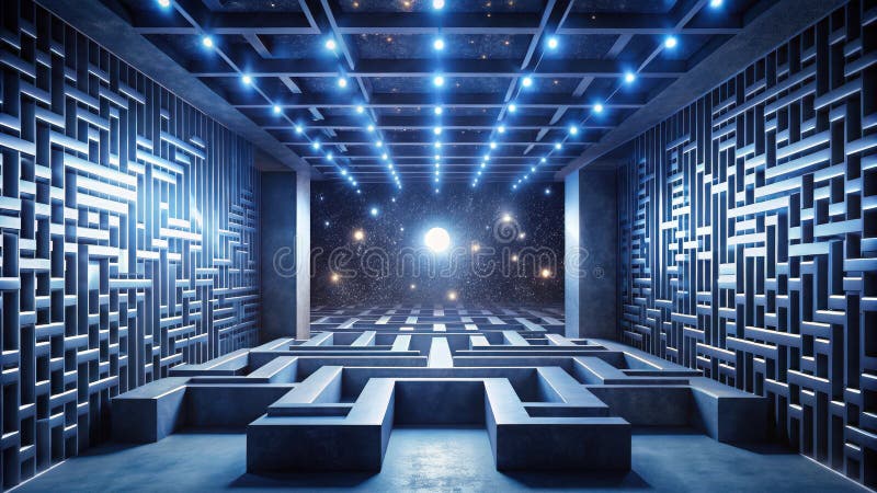 Abstract Maze Interior with Celestial Backdrop and Illuminated ...