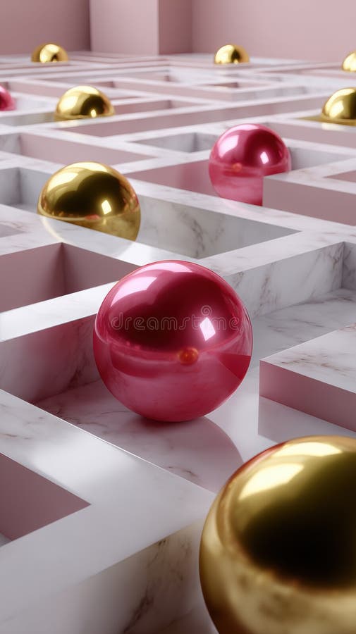 Abstract Maze with Marble Walls Featuring Shiny Golden and Pink ...