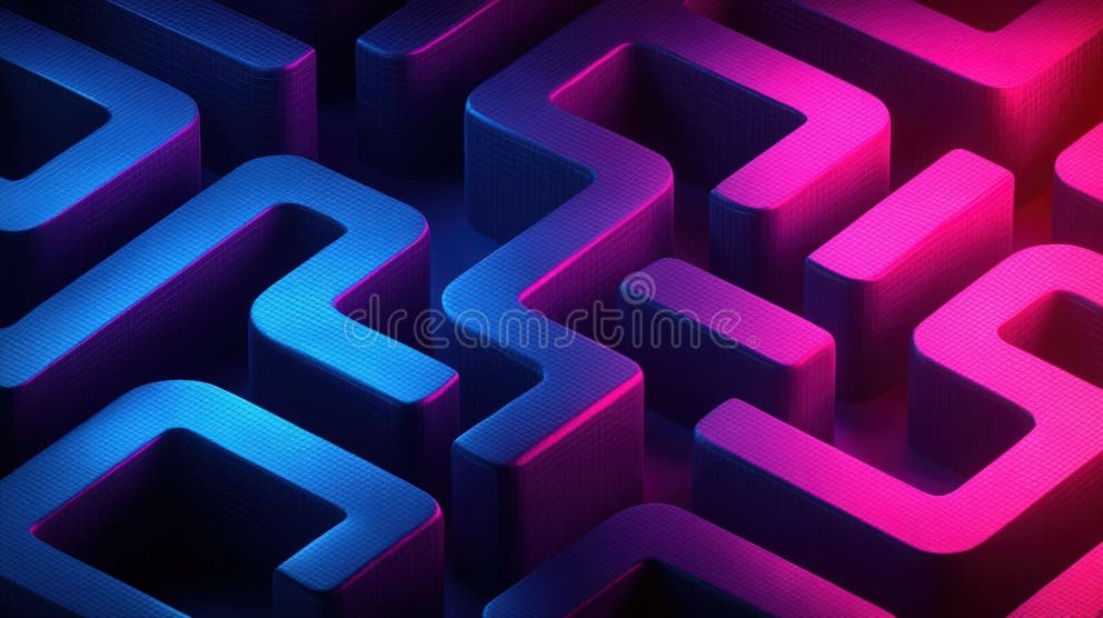 Abstract Maze Pattern with Neon Blue and Pink Lighting on a Dark Background Stock Illustration ...